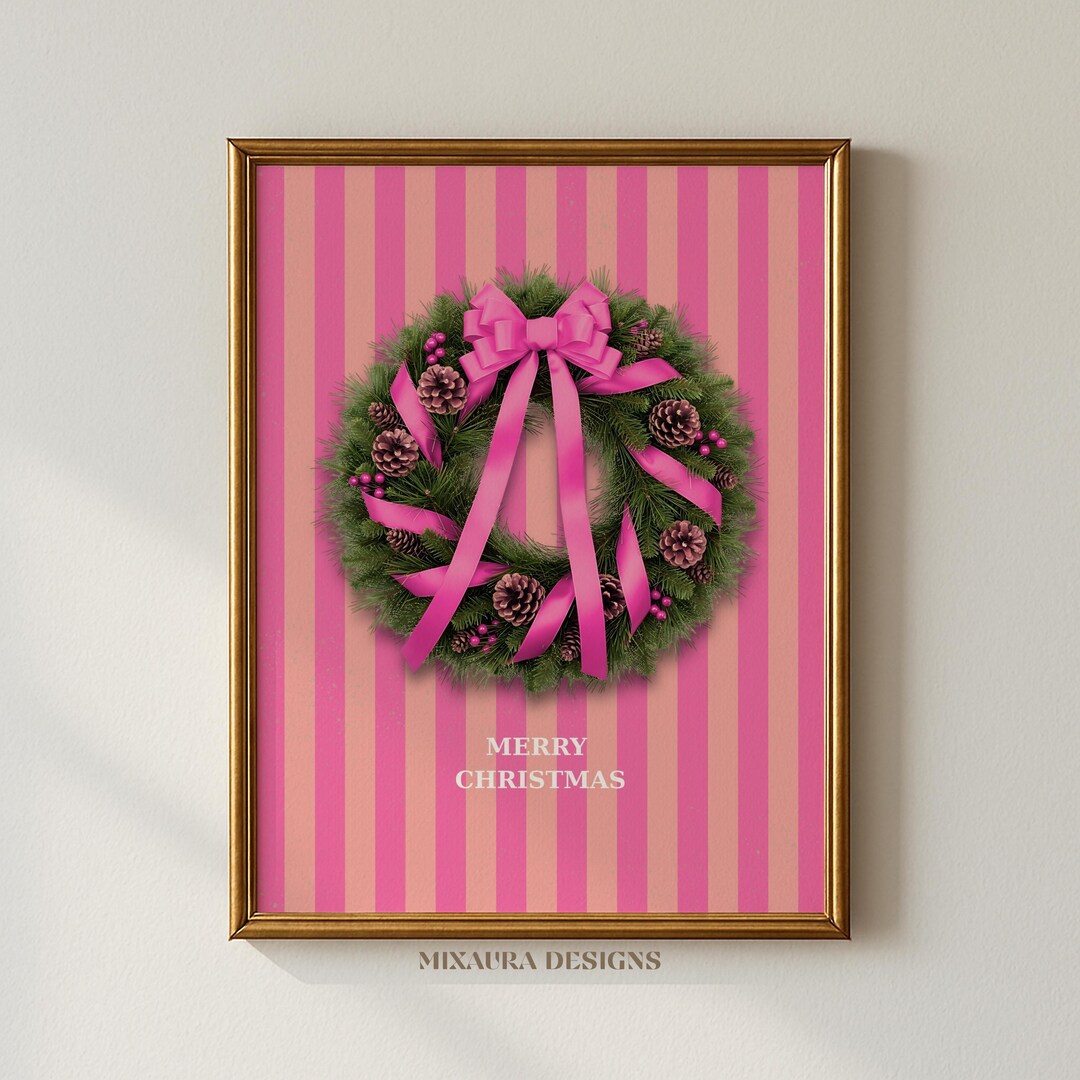 Christmas Pink Wreath Wall Art, Holiday Printable Decor, Pink Bow Xmas ...