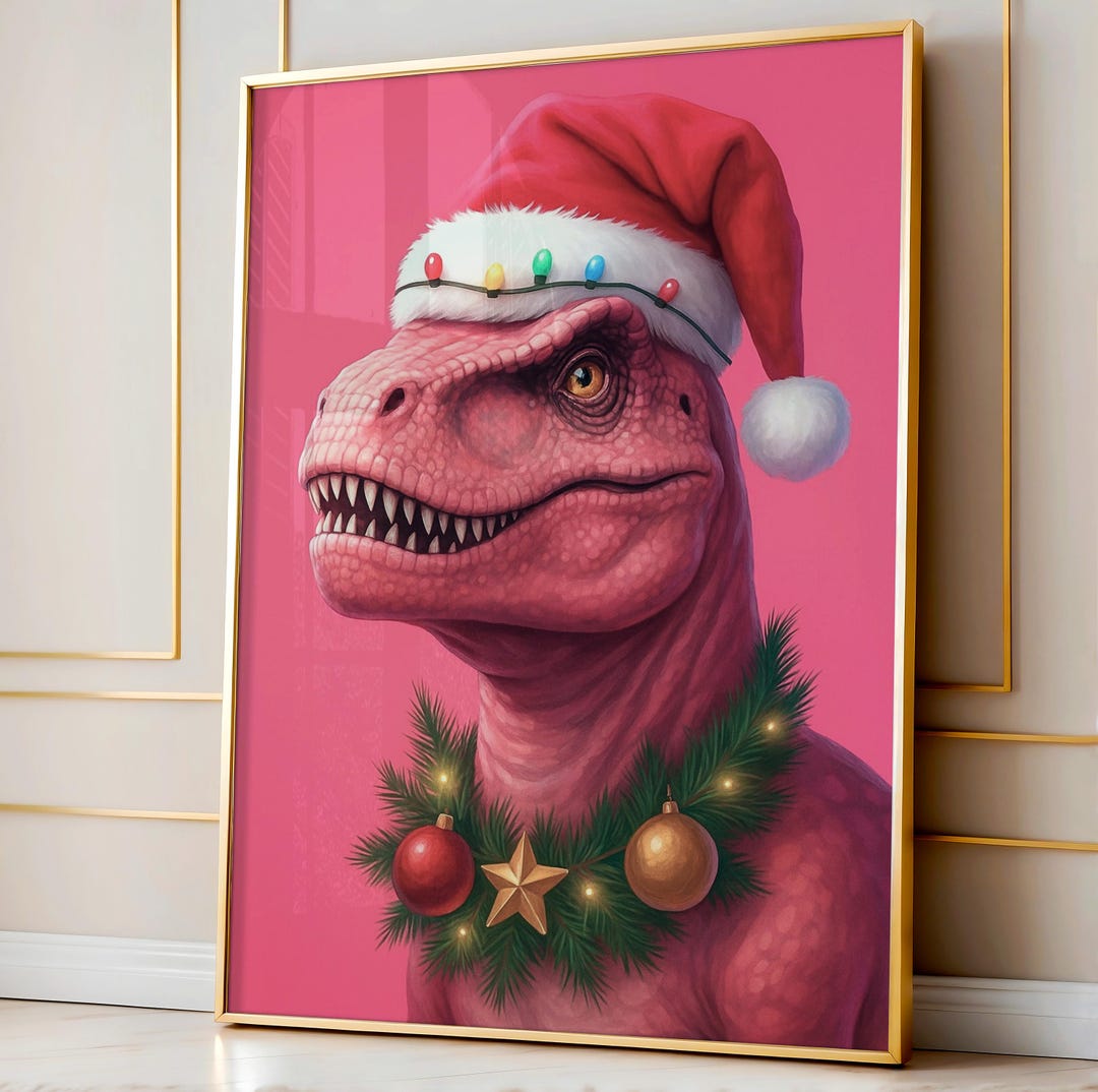 Pink Dinosaur Christmas Wall Art, Santa Hat Dino Print, Cute Xmas Dino ...