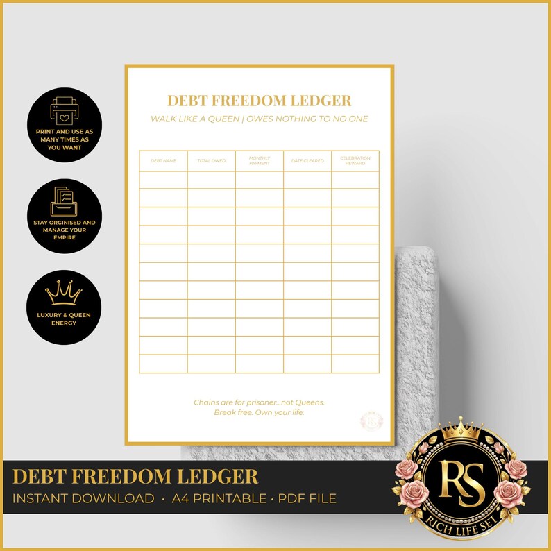 Debt Freedom Ledger | Luxury A4 Printable PDF | Become Debt Free | Rich ...