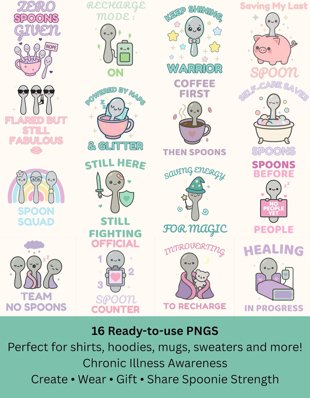 Sweet 16 Spoonie Collection | Kawaii Clipart | Spoonie Awareness ...