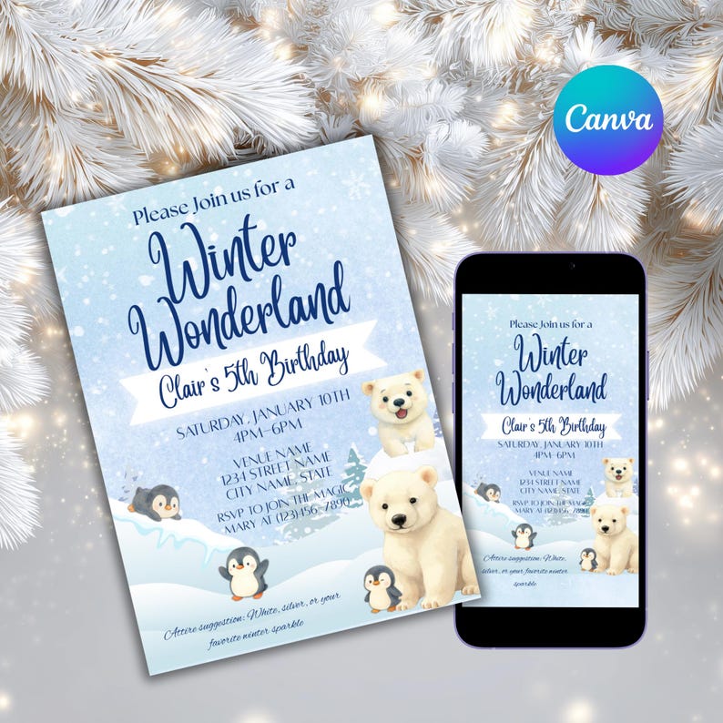 Winter Wonderland Birthday Invitation Printable & Phone Template - Etsy
