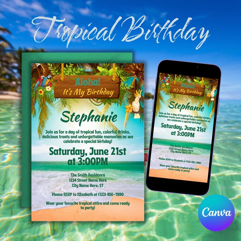 Tropical Luau Birthday Invitation, Hawaiian Paradise Theme, Editable ...