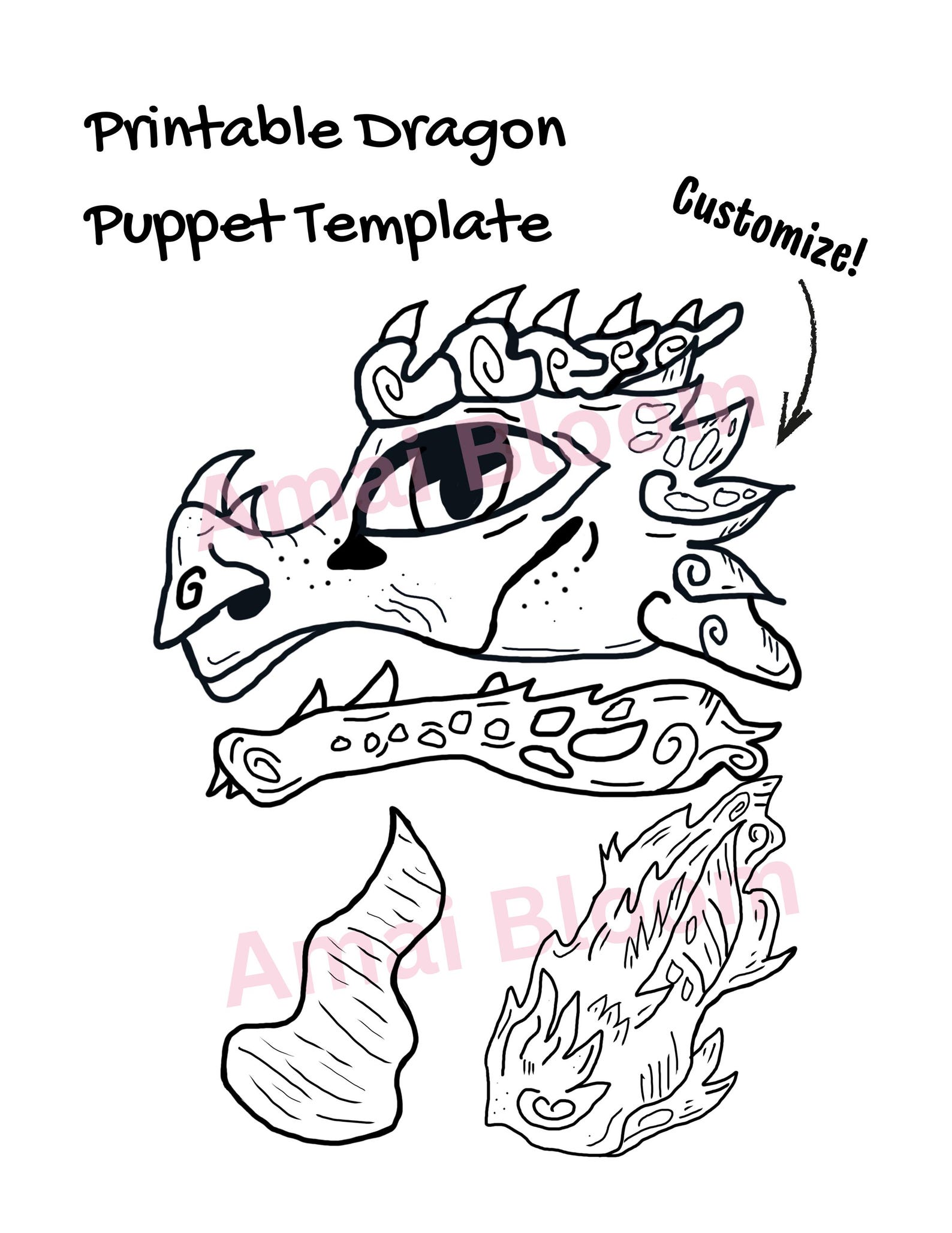 Customizable Color Your Own Printable Paper Dragon Puppet Template Base ...