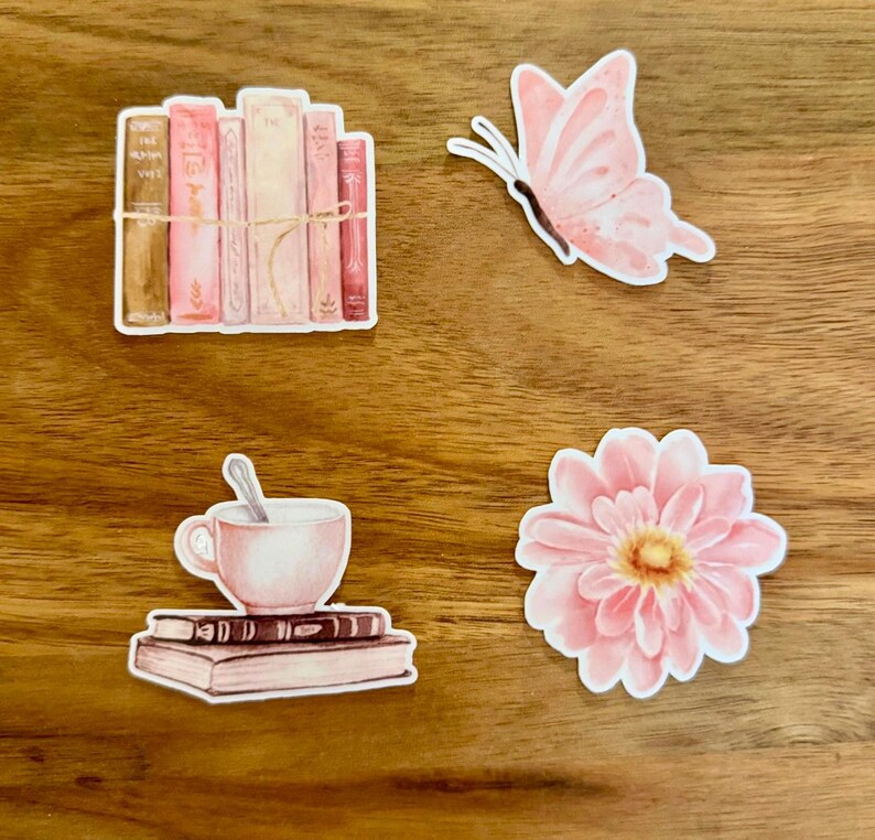 Cozy Pink Aesthetic Sticker Set, Pink Books, Butterfly, Flower & Tea ...