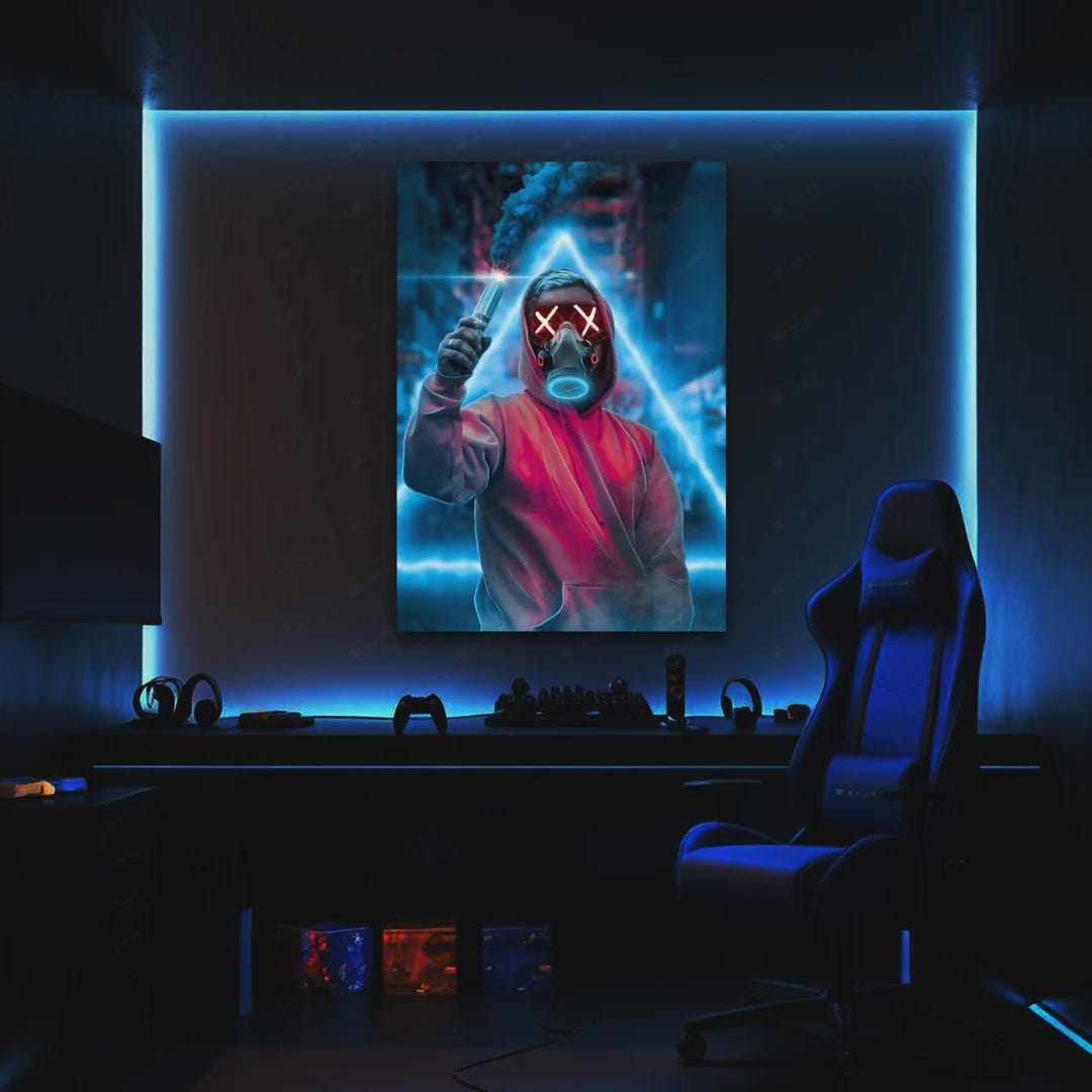 Neon LED Mask Poster: Smoke Bomb Art, Gaming Room Decor - Etsy