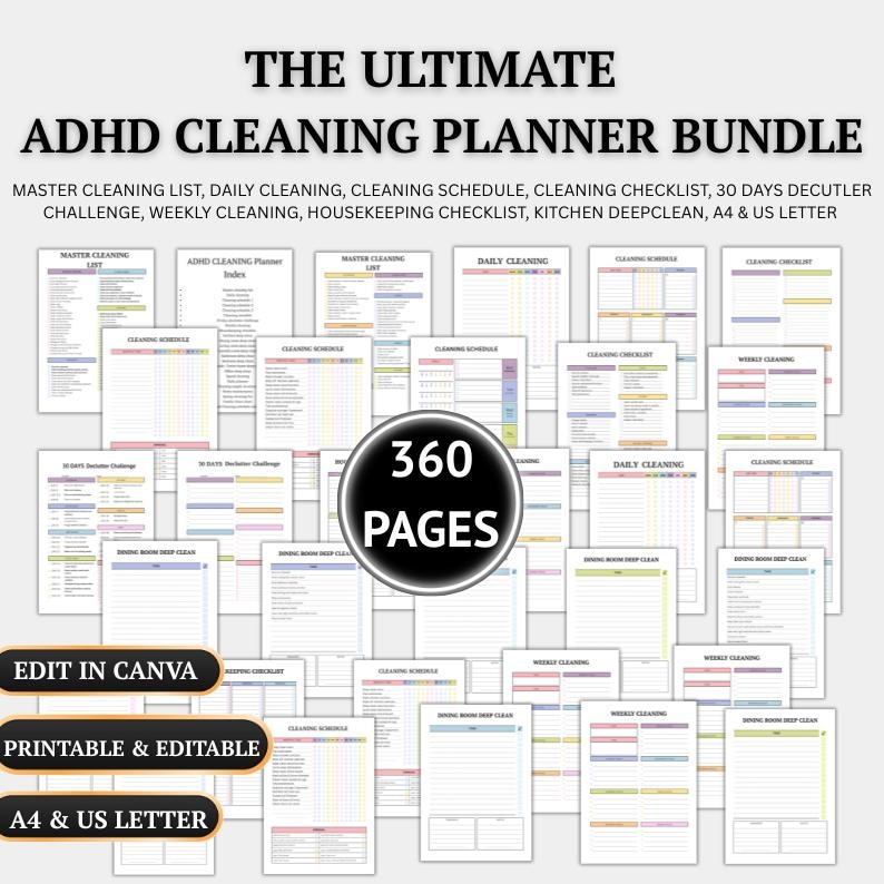 Editable ADHD Cleaning Planner Bundle, Chore Chart (printable & Editable) - Etsy