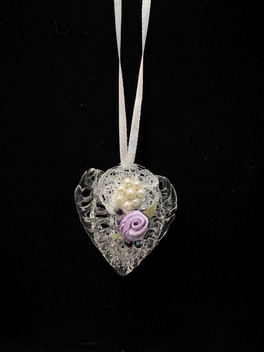 Vintage Heart Shaped Spun Glass Heart Ornament W/ Faux Pearls ...