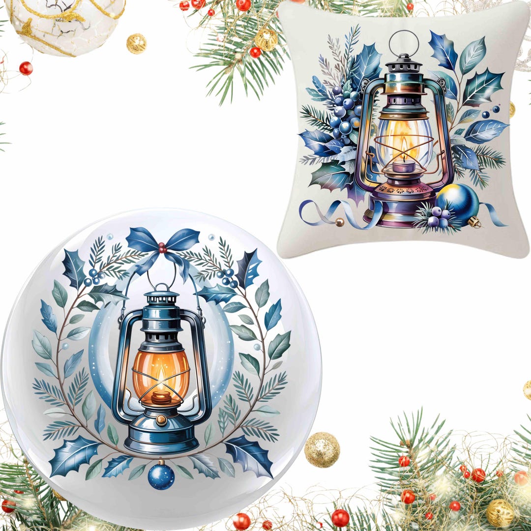 Blue Christmas Lantern PNG – Vintage Watercolor Silver Blue Lantern ...