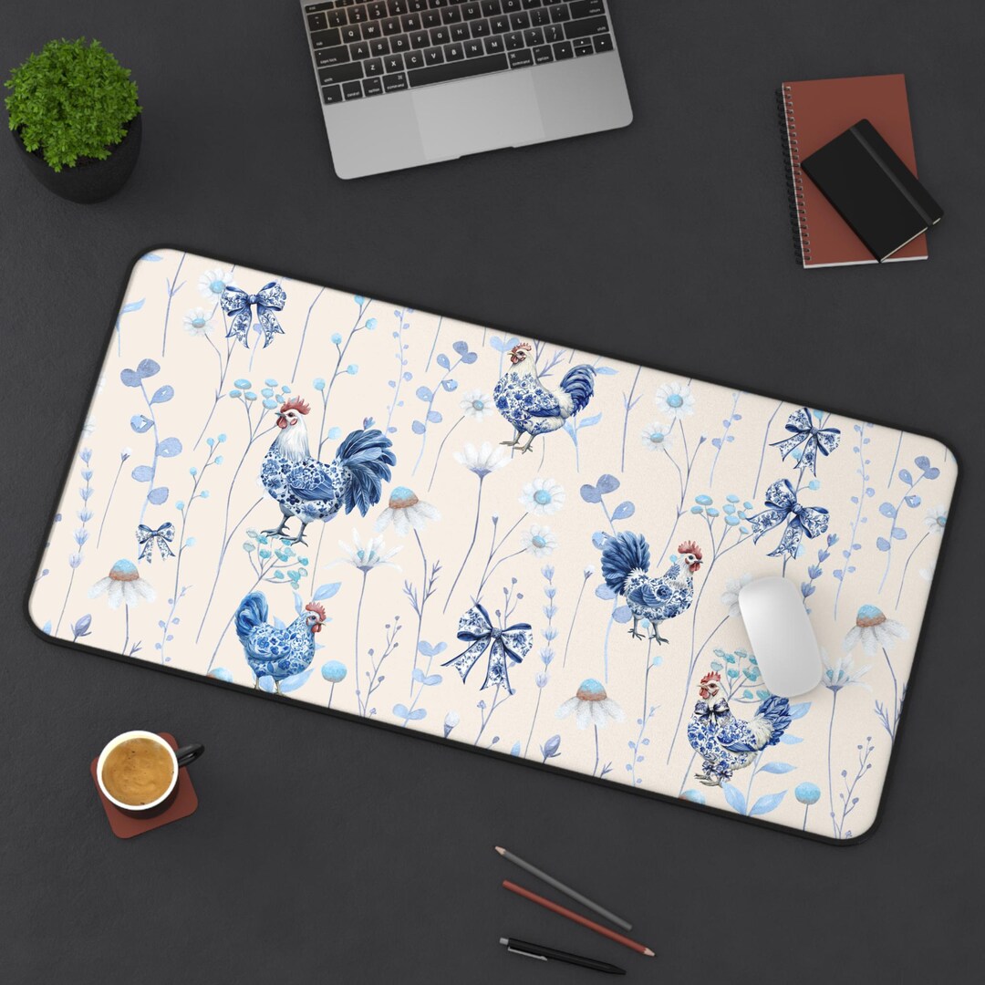 Blue Chinoiserie Chicken Desk Mat | Floral Farmhouse Office Decor ...