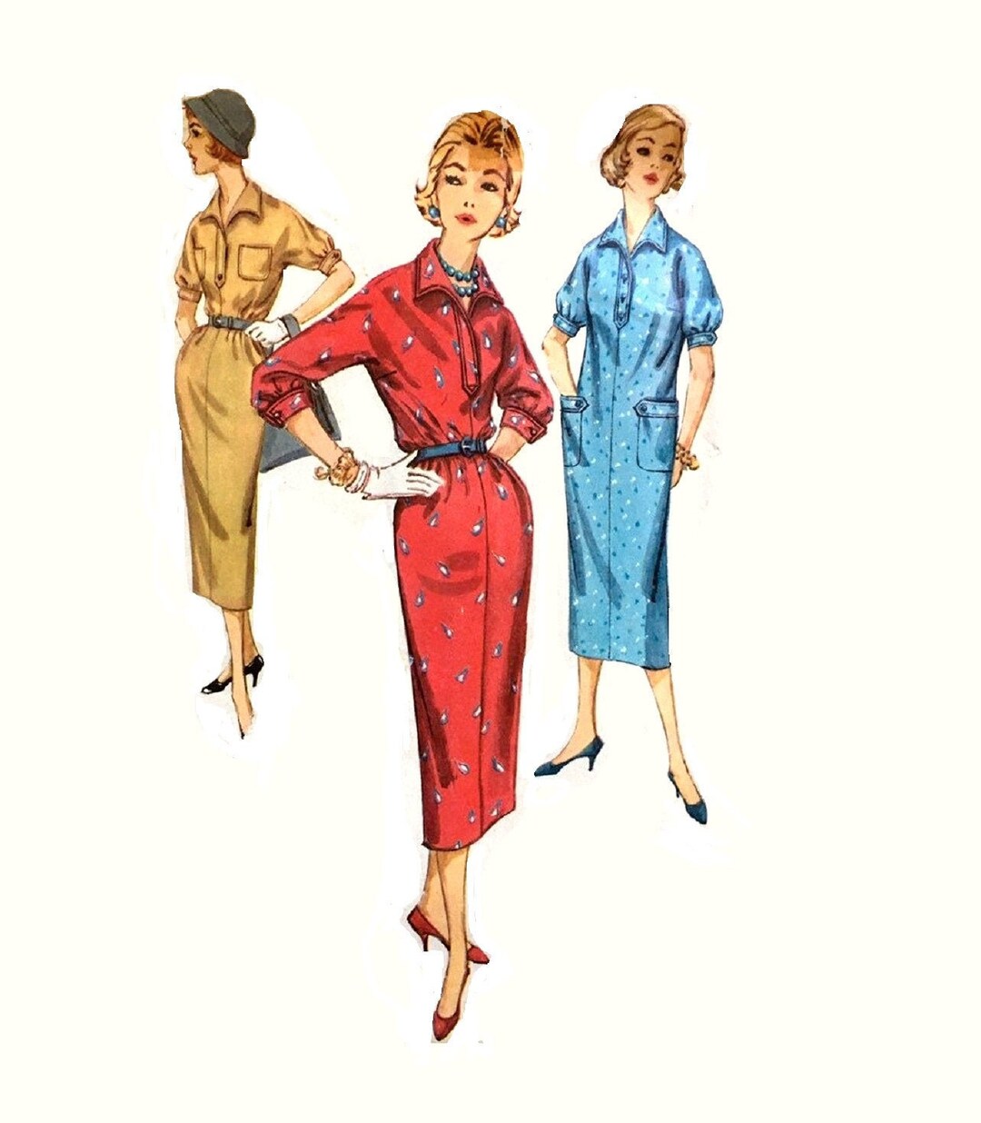 1950s Shirt Dress Pattern, Chemise, Wing Collar, Kimono Sleeves, Bust ...