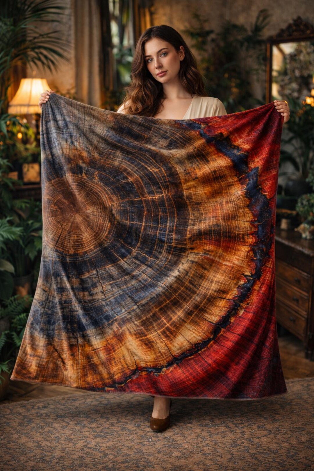Tree Ring Velveteen Blanket, Nature Inspired Queen Throw, Earth Tone ...