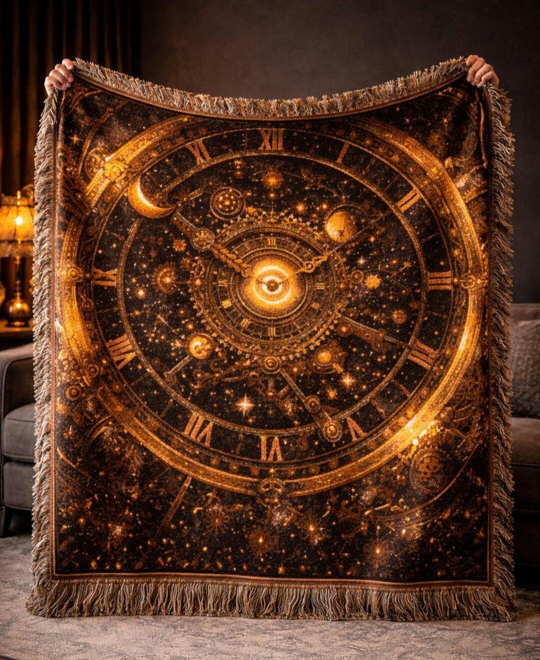 Steampunk Celestial Clock Woven Blanket, Gothic Luxury Jacquard ...