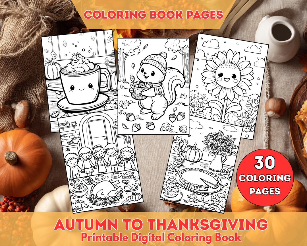 Fall Thanksgiving Coloring Book for Kids | Fun Pages Pumpkins, Leaves ...