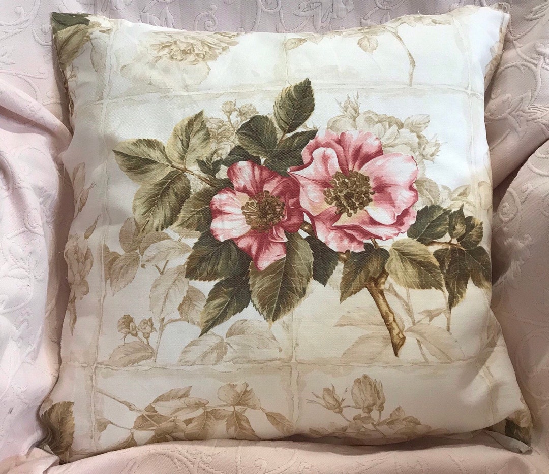 HAND PAINTED Cabbage Rose Pillow Cover Hand Painted Roses Fabric From ...