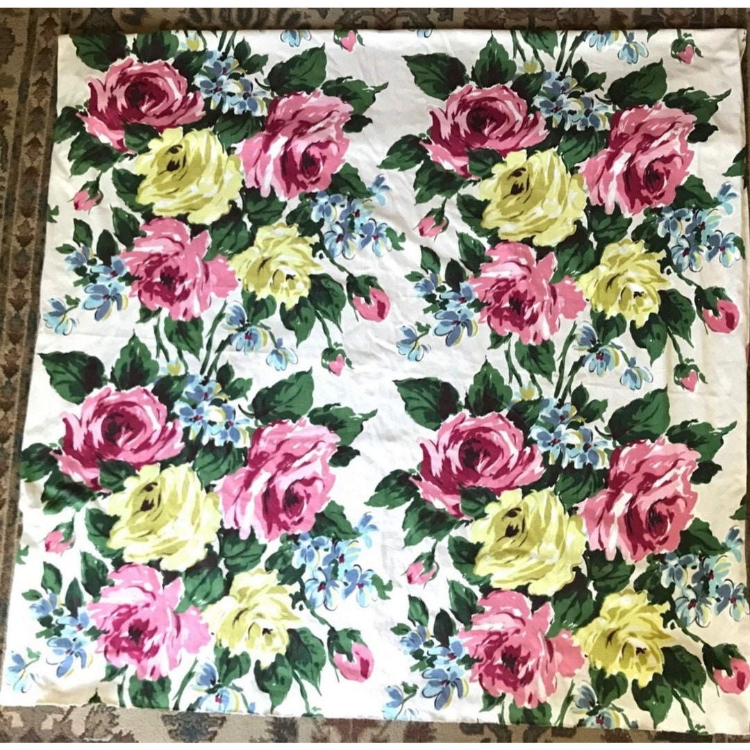 Vintage CABBAGE ROSE Floral Print Fabric Yardage With Roses & Blue ...