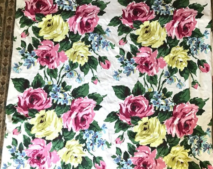 Vintage CABBAGE ROSE Floral Print Fabric Yardage With Roses & Blue ...
