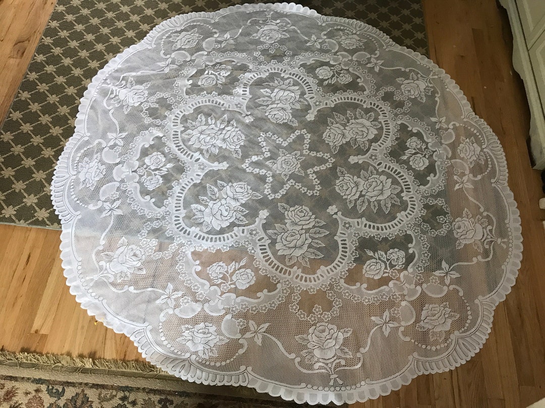 ROUND WHITE Lace TABLECLOTH With Lovely Roses and Scroll Designs - Etsy
