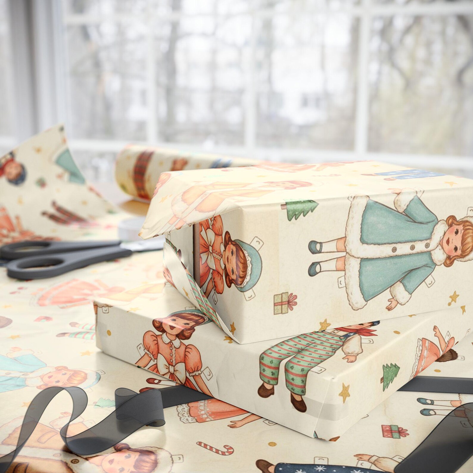Vintage Christmas Paper Doll Wrapping Papers | Old-fashioned Nostalgic ...