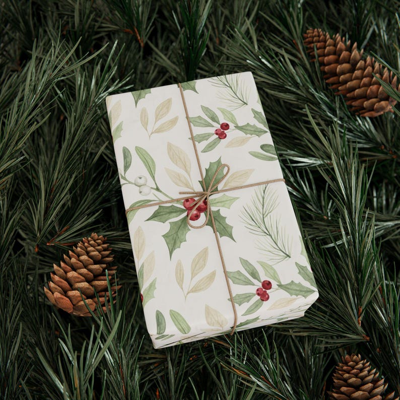 Watercolor Holly Christmas Wrapping Paper, Festive Gift Wrap - Etsy