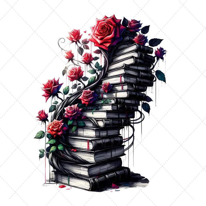Dark Floral Book Stack Skull Roses Clipart, Romantic Gothic Books, Dark ...