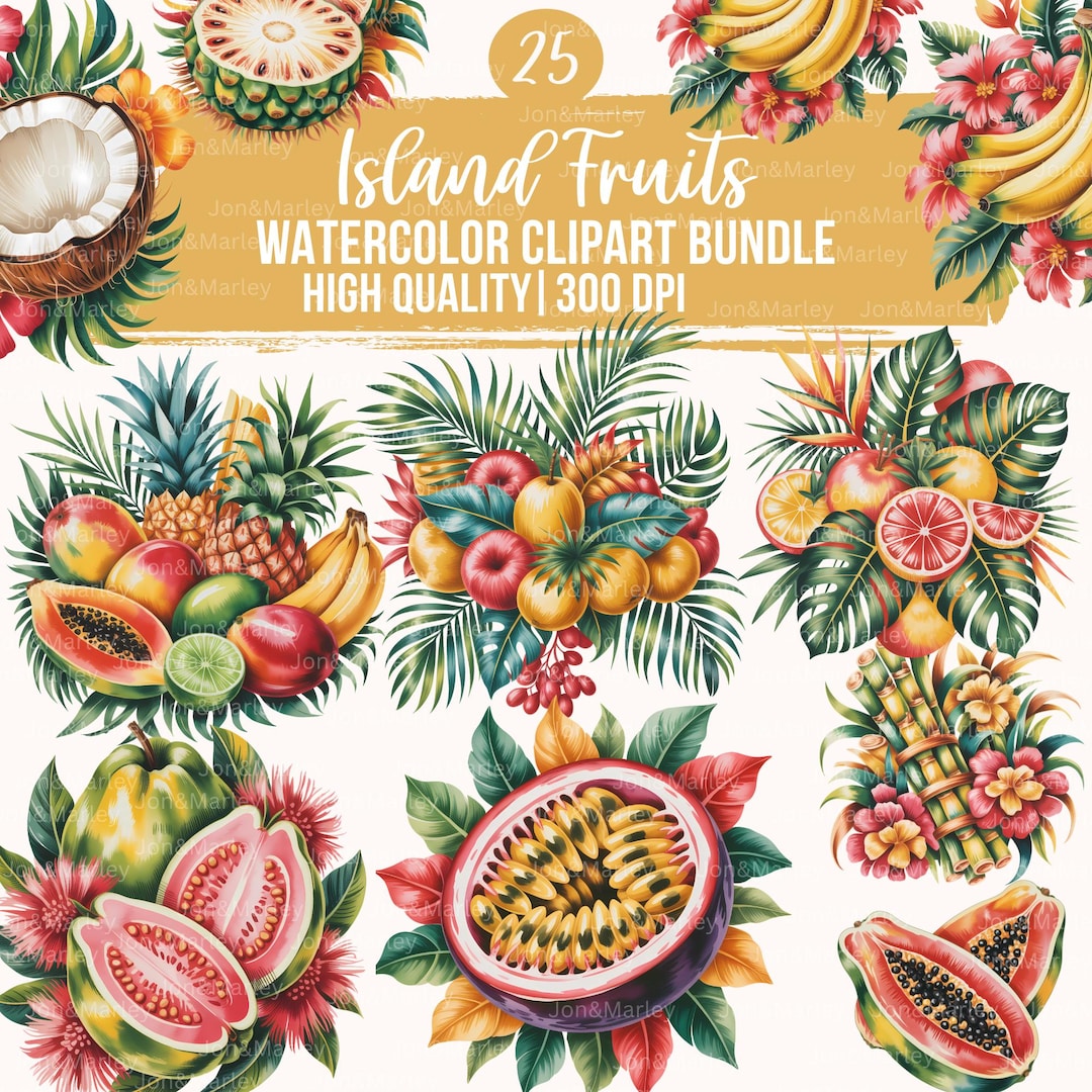 Tropical Fruits Clipart Bundle, Island Fruit Watercolor PNG, Exotic ...