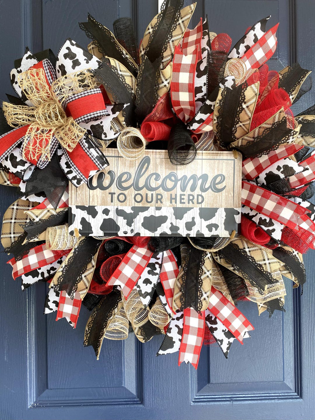 Rustic Farmhouse Wreath, Cow Print Decor, Welcome to Our Herd Sign ...