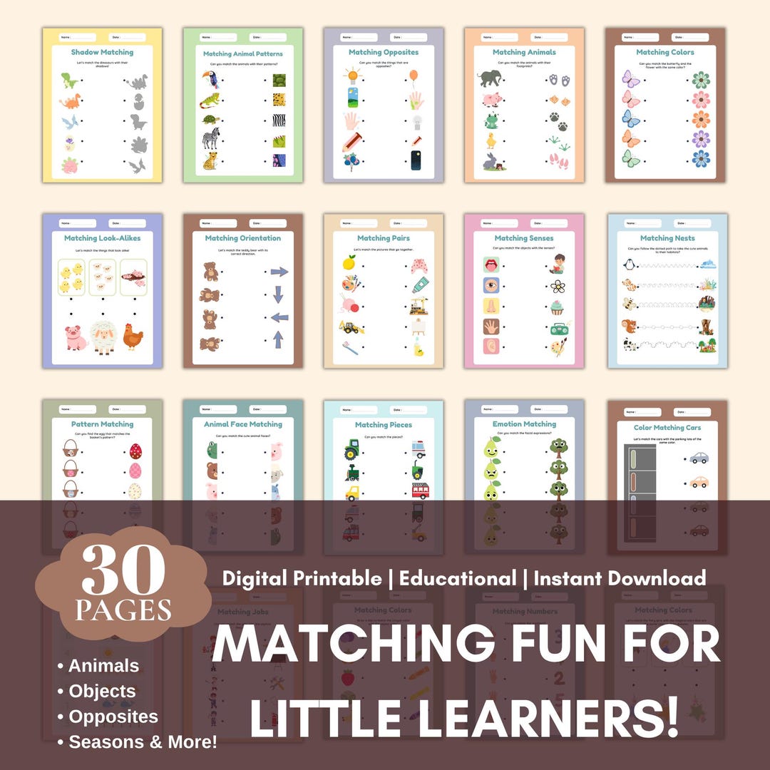 30-page Ultimate Matching Activity Pack for Preschoolers | Animals ...