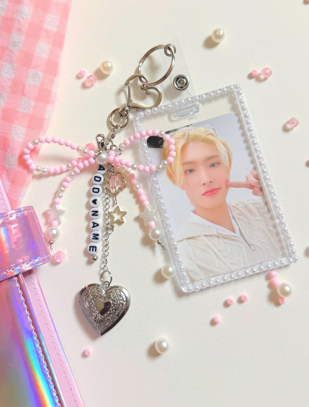 Pink Bow Locket Photocard Holder, Kpop PC Holder Keychain W/ Custom ...