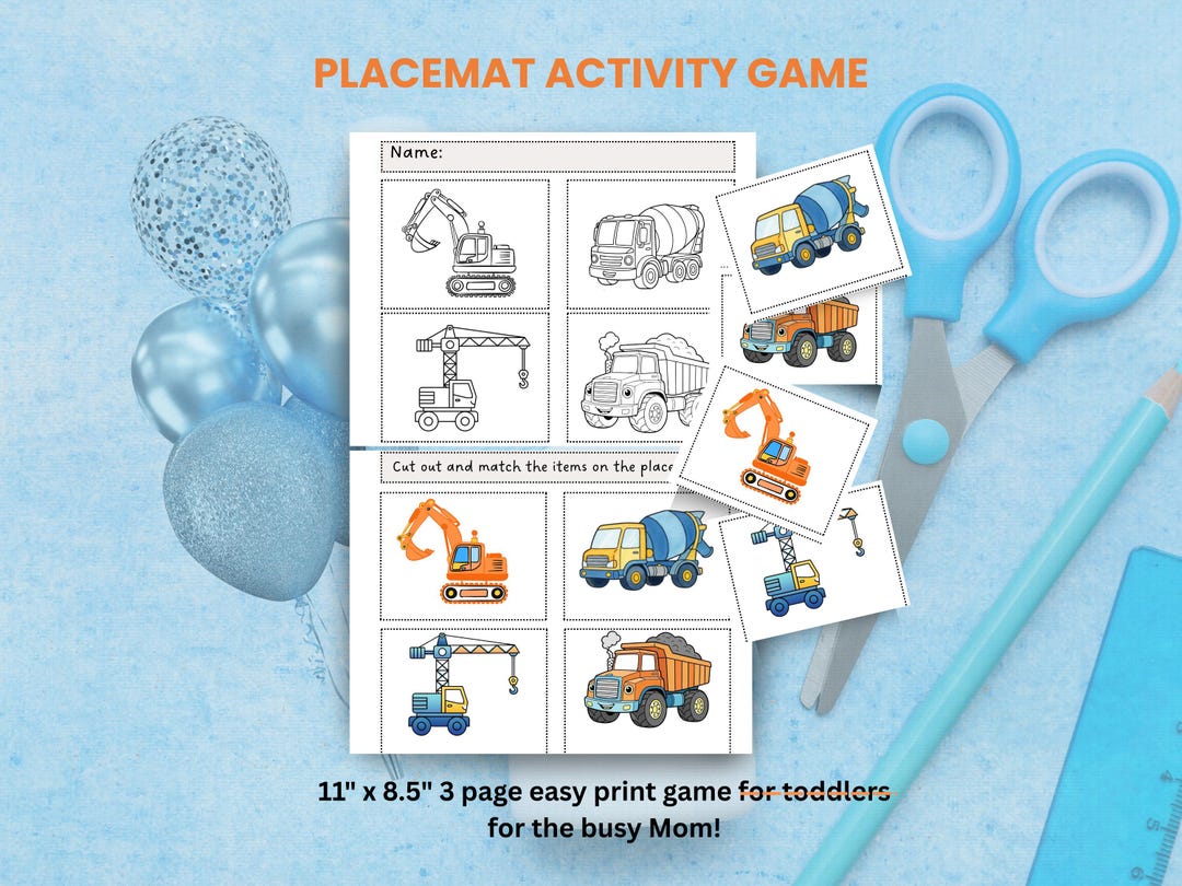 Toddler Easy Activity Placemat Printable: Construction, Trucks Theme ...