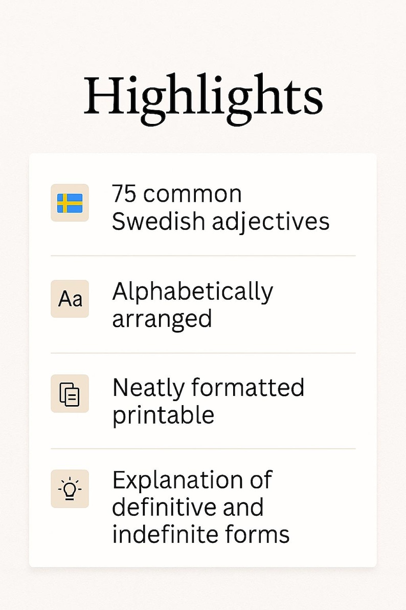 Swedish Adjectives List Printable • 75 Essential Words • Learn Swedish ...