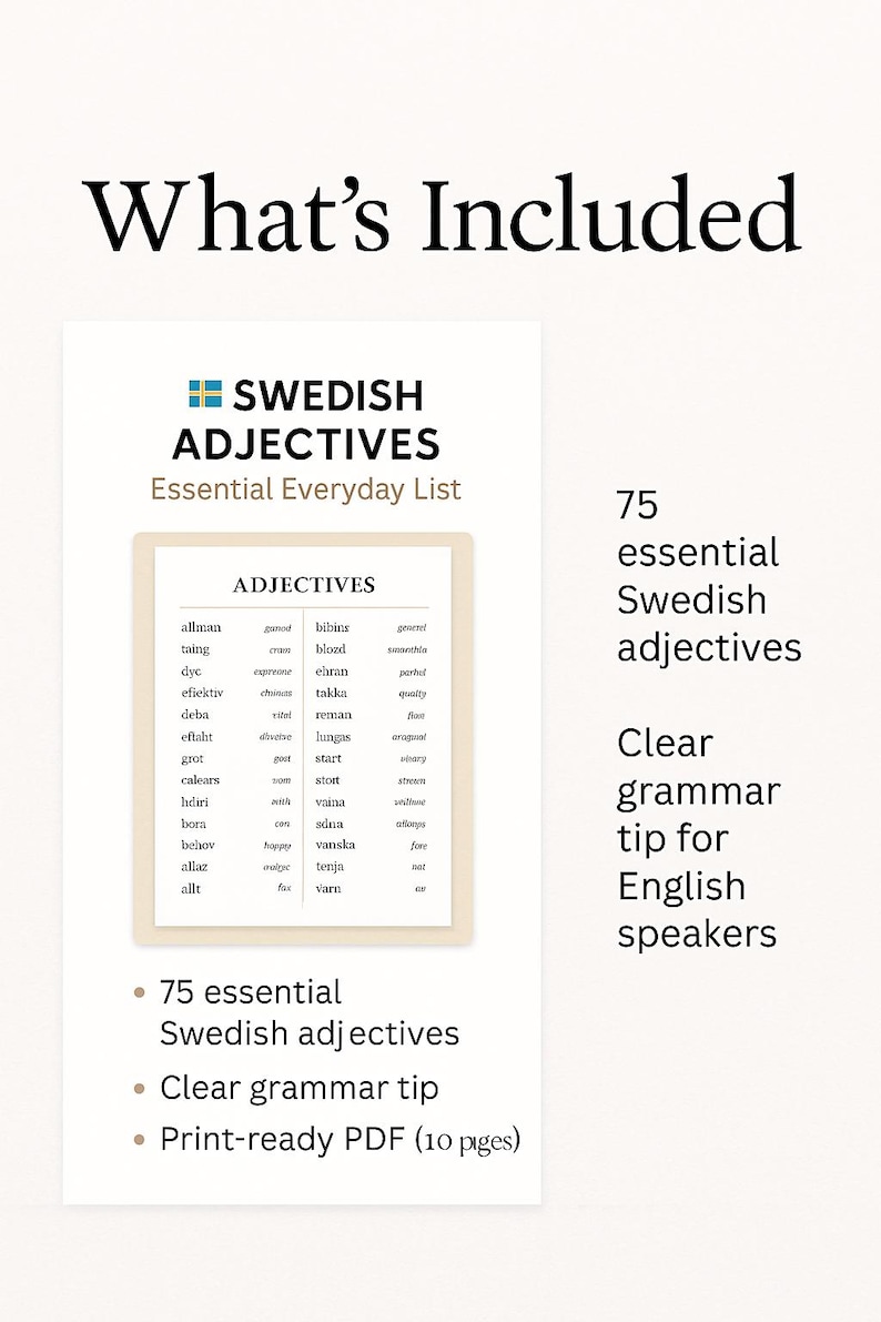Swedish Adjectives List Printable • 75 Essential Words • Learn Swedish ...