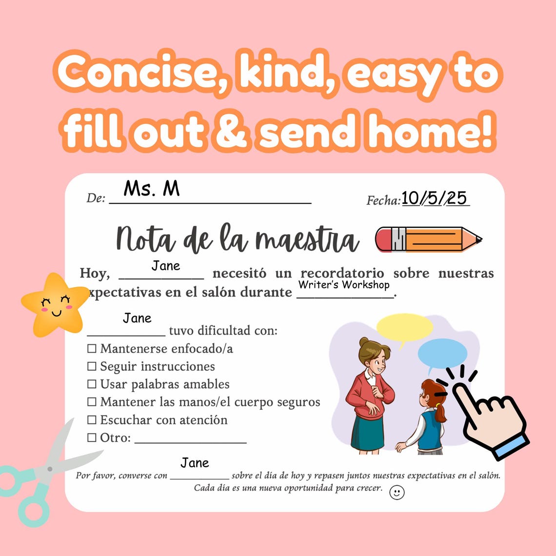 Spanish Behavior Note for K-12 | Printable Mini Notes Ready to Print ...