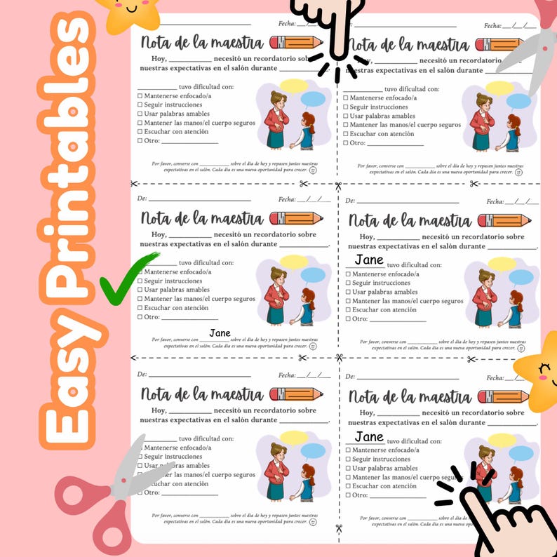 Spanish Behavior Note for K-12 | Printable Mini Notes Ready to Print ...