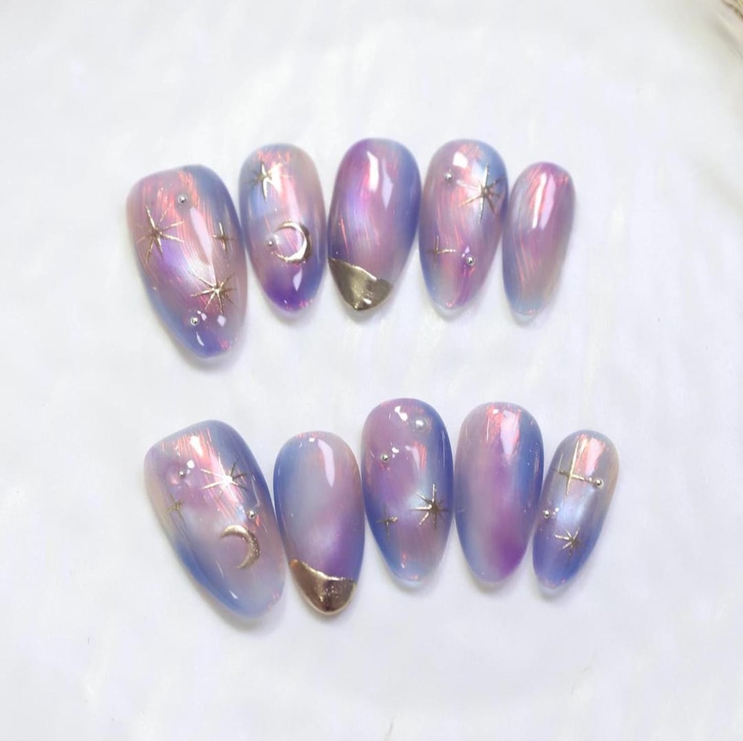 Galaxy Cat Eye Custom Press on Nail With Moon and Star Design ...
