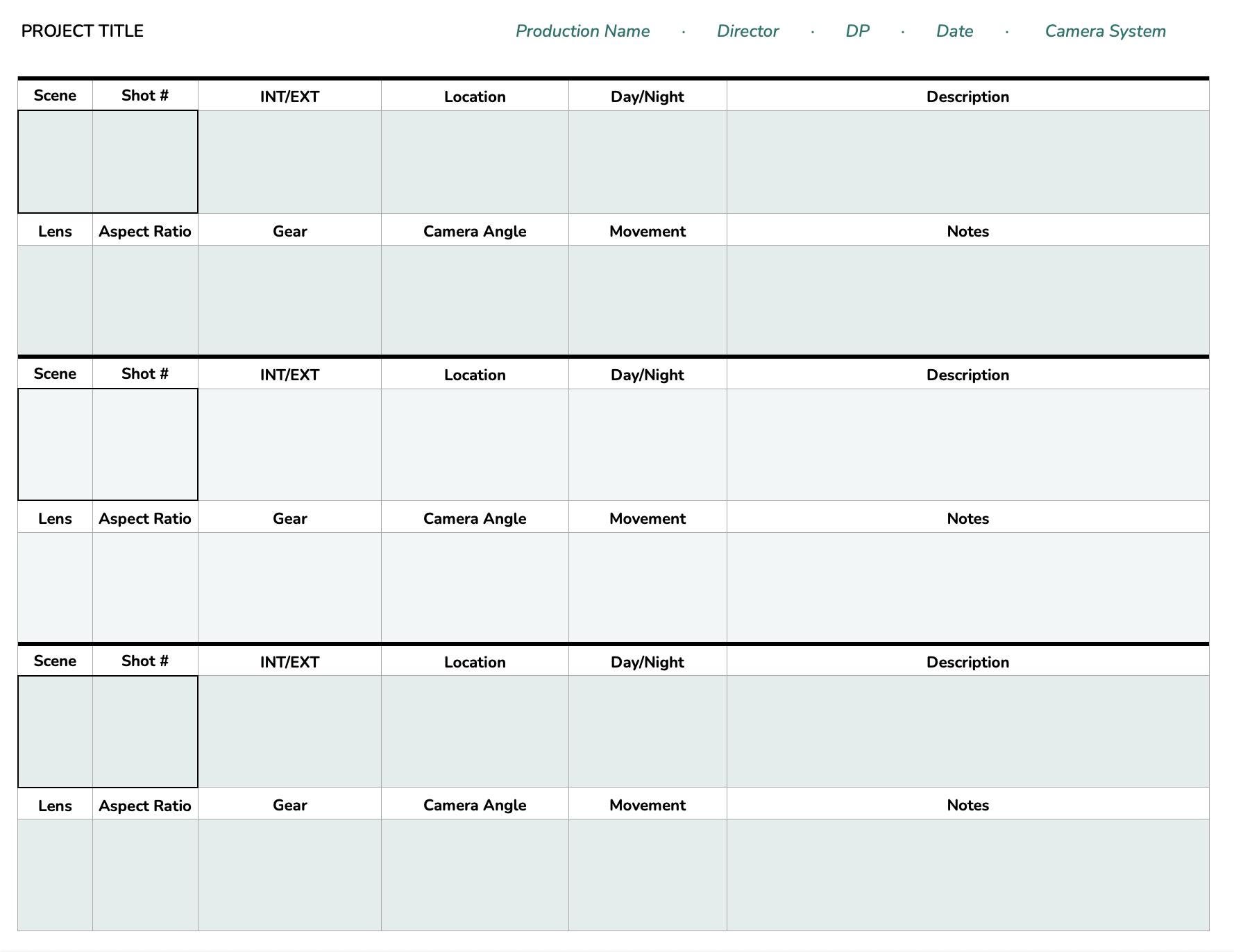 Film Shot List Template | Director + Cinematographer Movie Planner ...