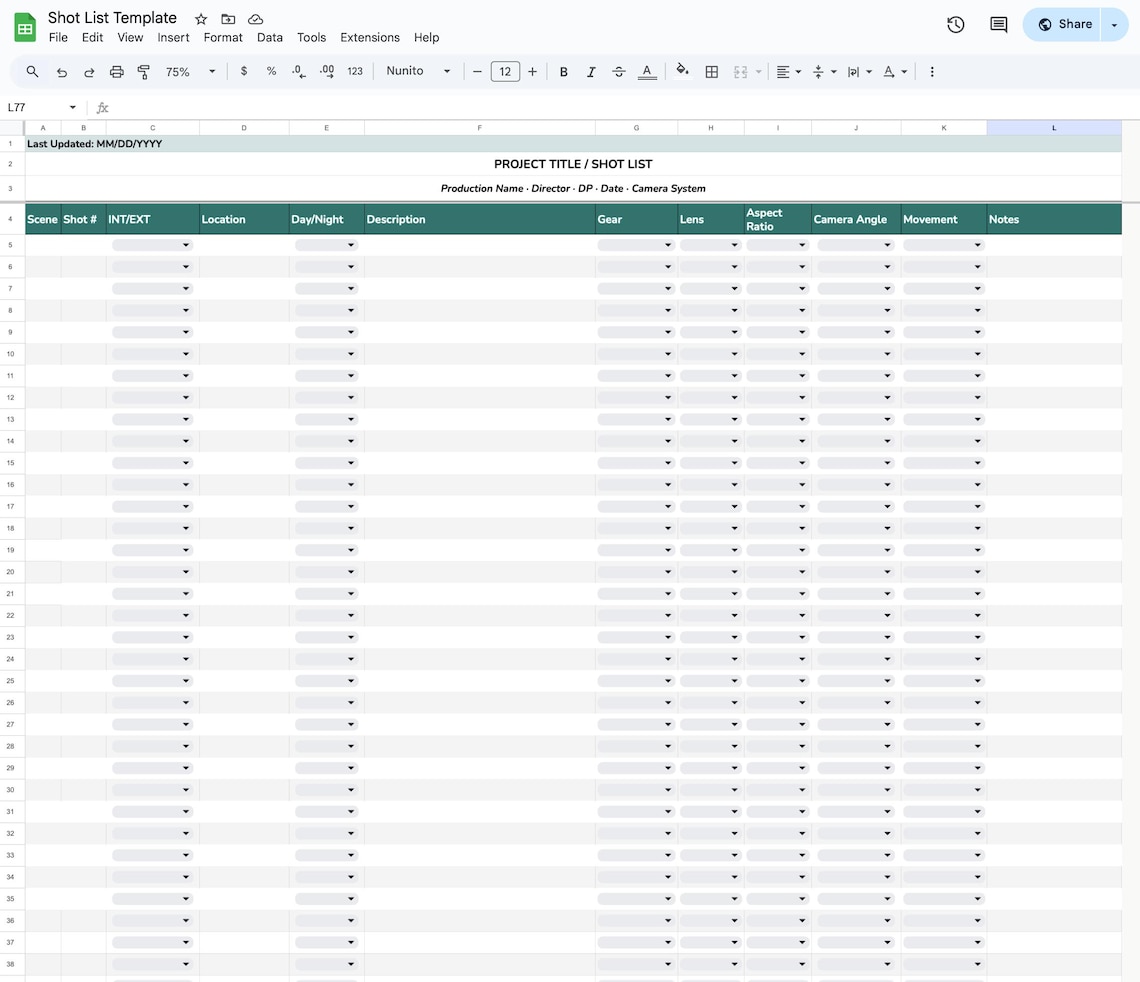 Film Shot List Template | Director + Cinematographer Movie Planner ...