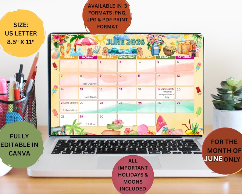 Editable June 2026 Calendar Monthly Planner for Kid School Work Office ...