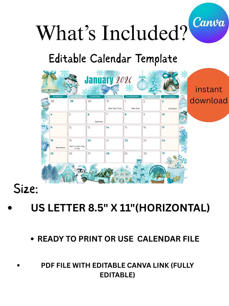 EDITABLE January 2026 Calendar Winter Snowman Planner Printable Monthly ...