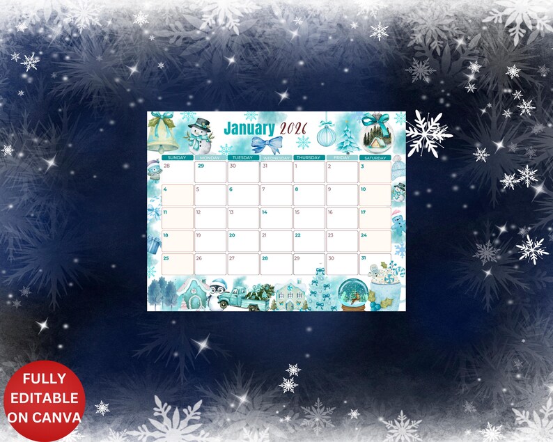 EDITABLE January 2026 Calendar Winter Snowman Planner Printable Monthly ...