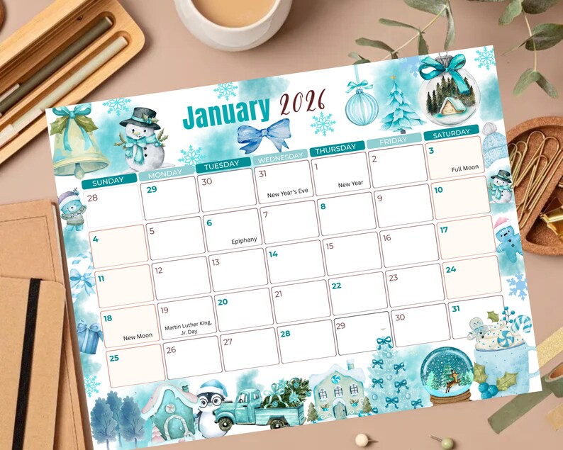EDITABLE January 2026 Calendar Winter Snowman Planner Printable Monthly ...