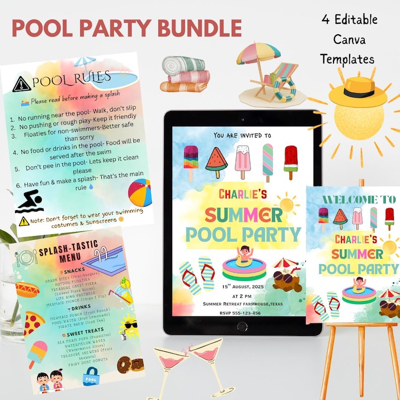 Pool Party Birthday Invitation Bundle Swim Party Invite Kids Swimming ...
