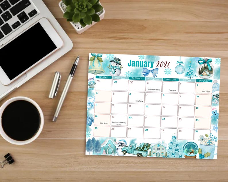 EDITABLE January 2026 Calendar Winter Snowman Planner Printable Monthly ...