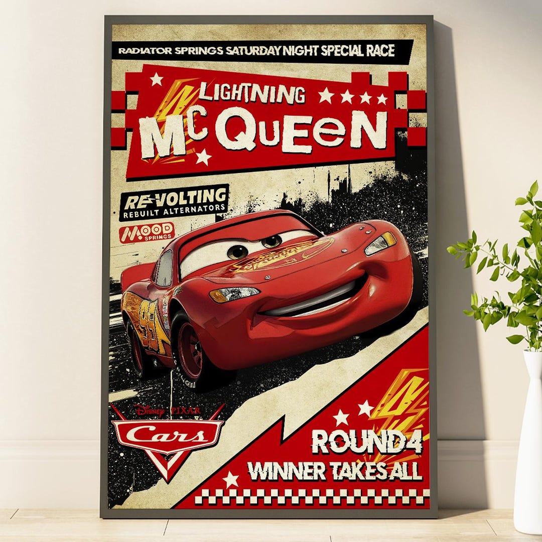 Vintage Style Lightning Mcqueen Print Poster Cars Movie Inspired Decor ...