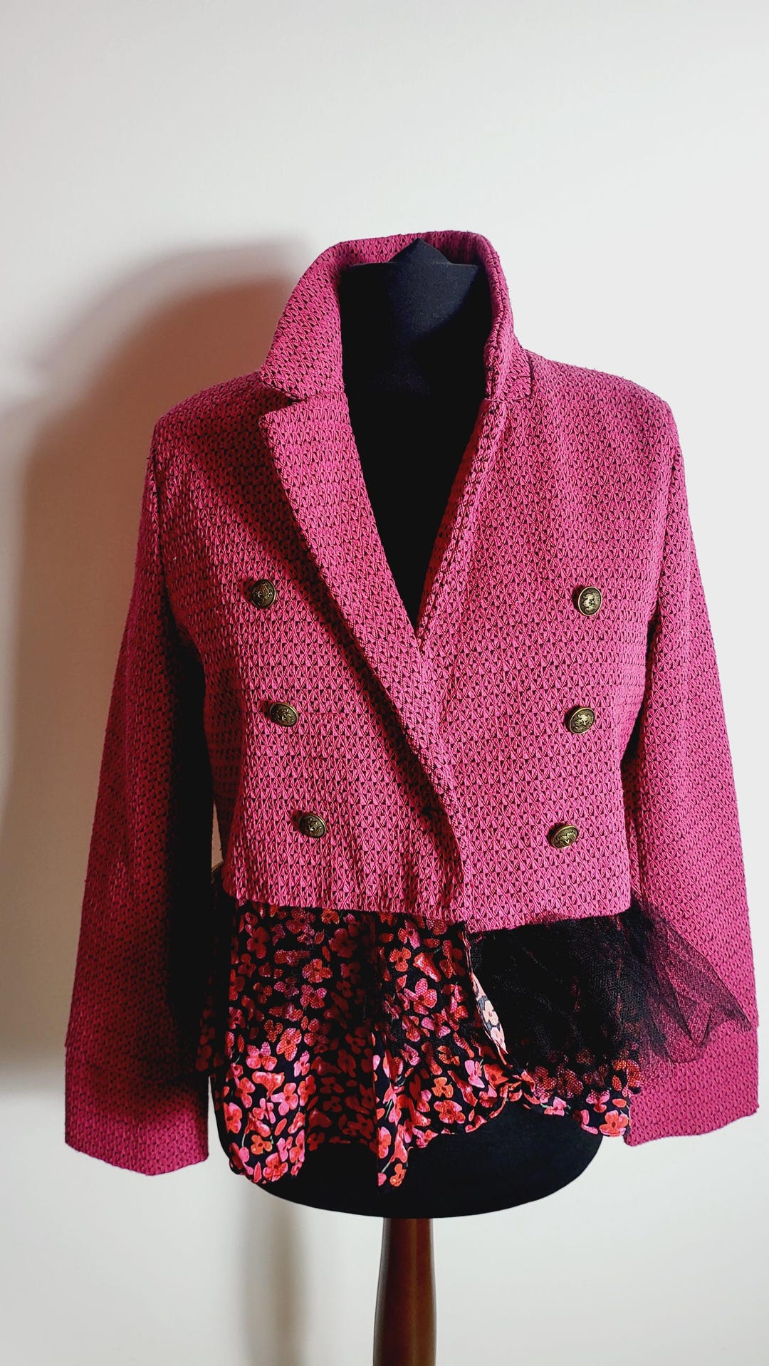 Upcycled Pink Textured Jacket – Floral & Tulle Designer Rework (one of ...