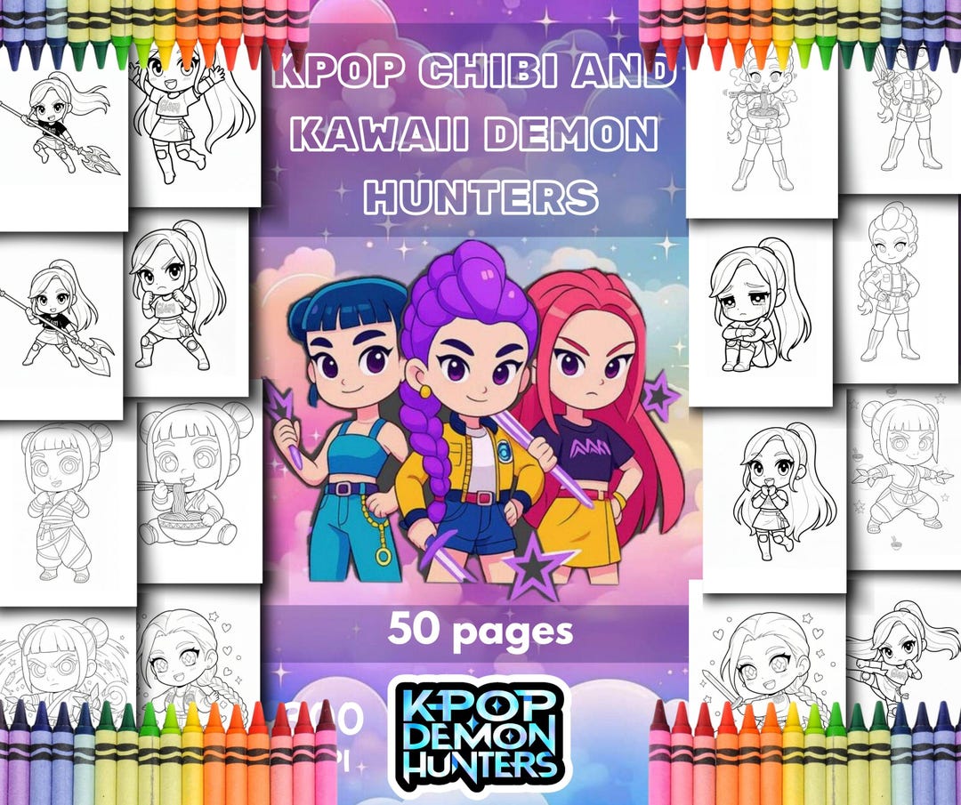 Kpop Chibi and Kawaii Demon Hunters Digital Coloring Book, Downloadable ...