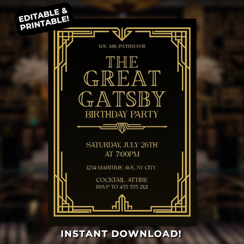 Editable Elegant Great Gatsby Party Invitation, Art Deco, Roaring ...