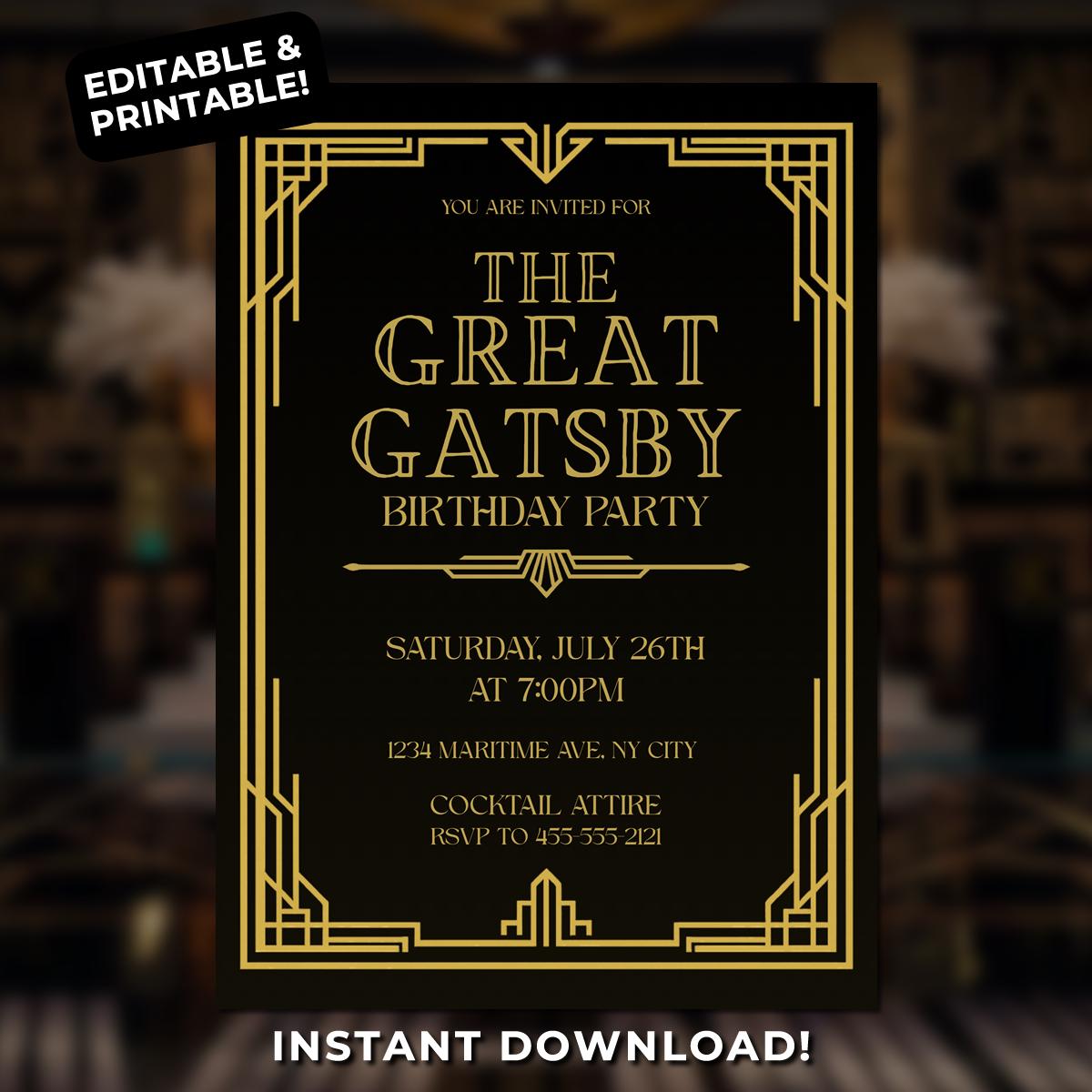Editable Elegant Great Gatsby Party Invitation, Art Deco, Roaring ...