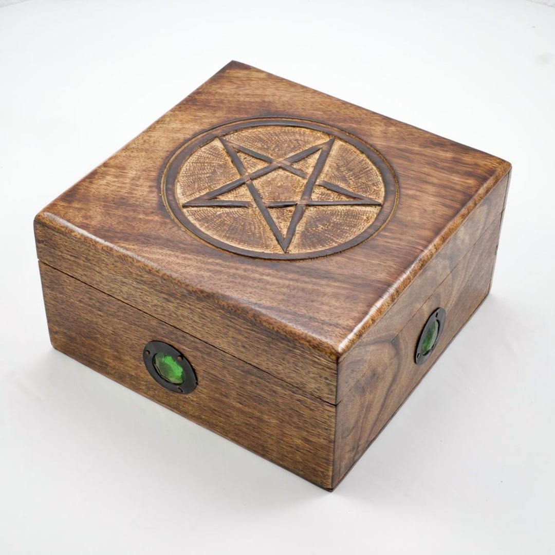 7' Solid Wood Keepsake Box With Carved Pentacle and Green Glass Accents ...