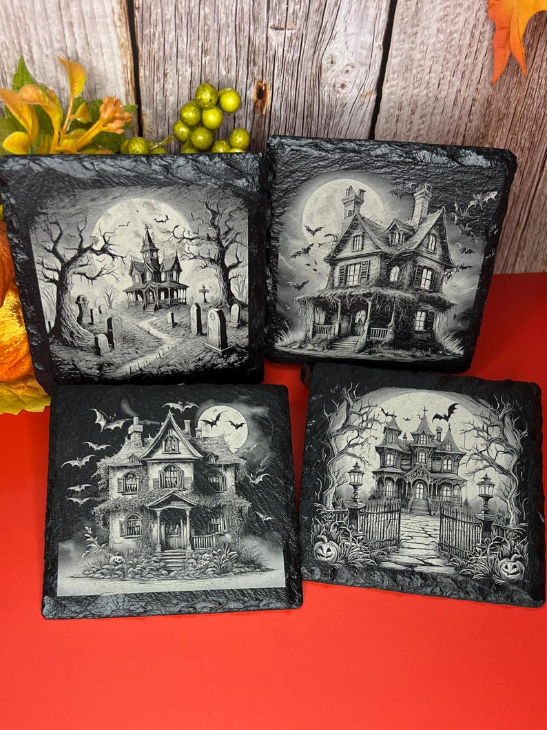 Haunted House Slate Coasters, Laser Engraved Gothic Halloween Decor ...