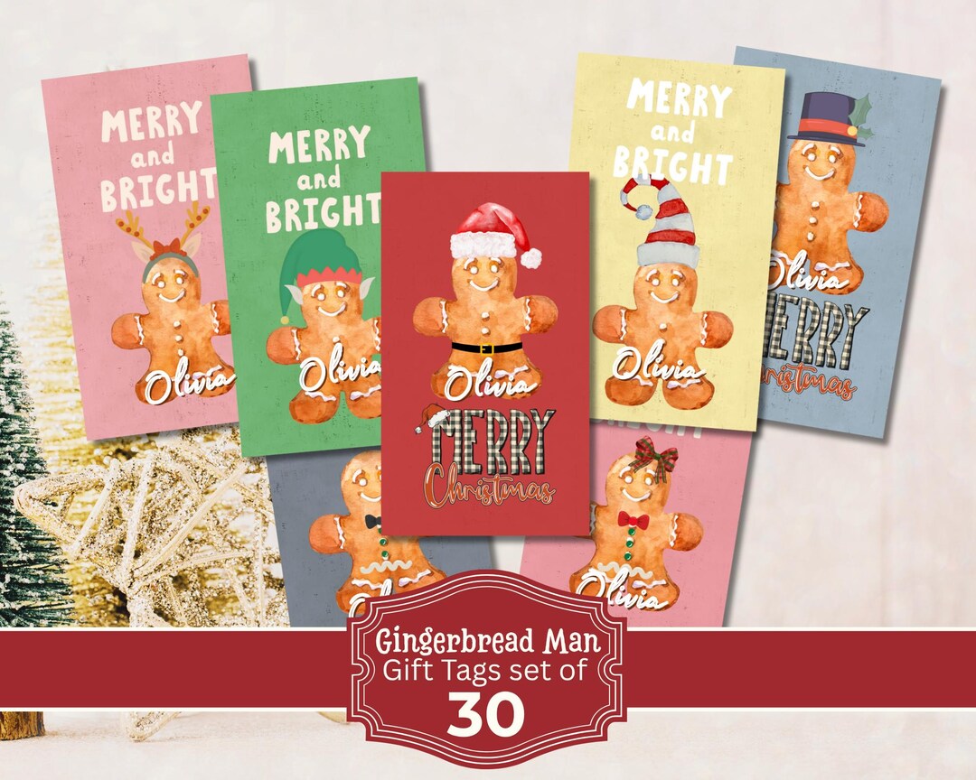 Gingerbread Man Christmas Gift Tags Set of 30, Editable Canva Template ...